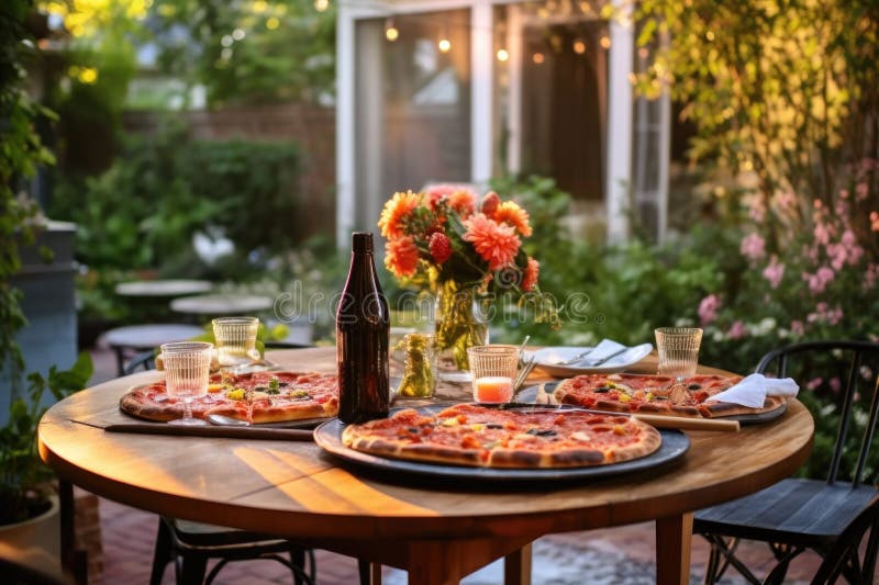 Backyard Table Setting with Grilled Pizzas and Drinks Stock Photo ...