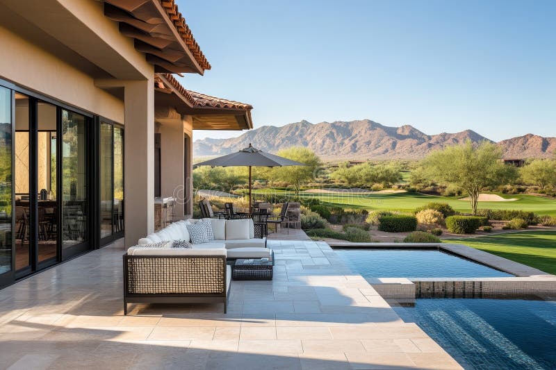 Backyard with Travertine Tiles Complementing the Desert Scene in ...