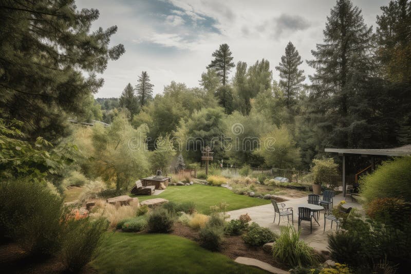 Backyard with View of Forest, Showcasing Wildlife among the Trees Stock ...