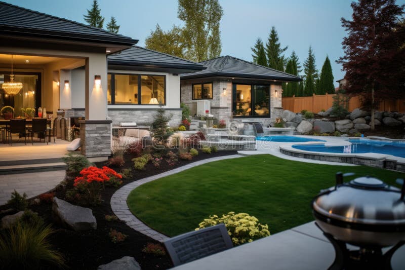 Backyard View of a High-end Home with Advanced Security Cameras Stock ...
