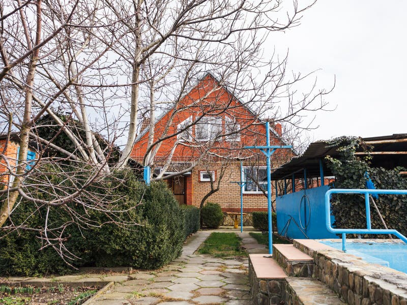 Backyard of Village House in Spring Stock Photo - Image of lawn ...