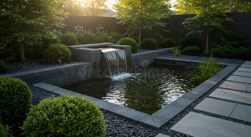 Backyard Waterfall Flowing into a Rectangular Minimalist Pond, Ideal ...