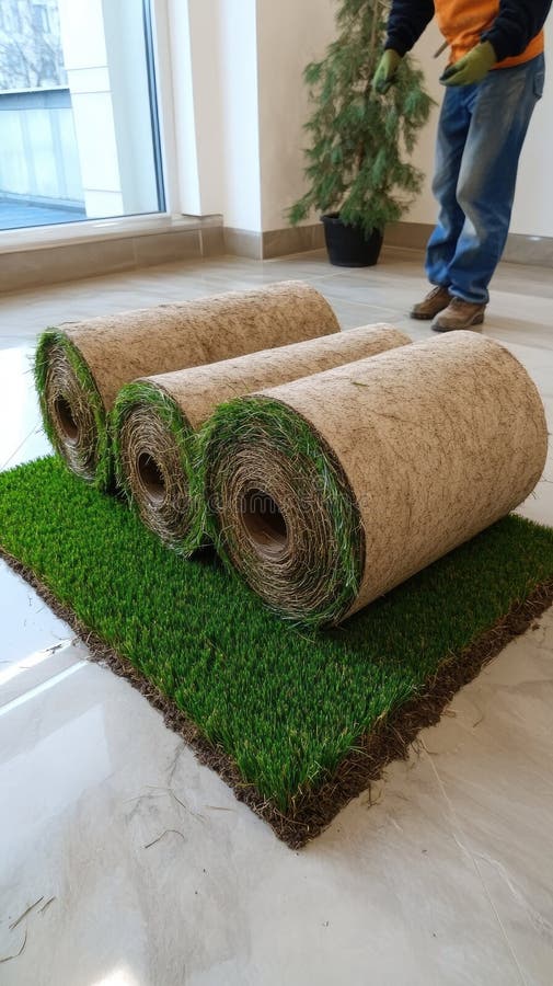 In a Backyard, a Worker Rolls Up Fresh Sod Rolls, Preparing for a New ...