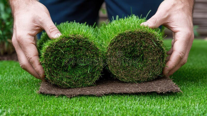In a Backyard, a Worker Rolls Up Fresh Sod Rolls, Preparing for a New ...