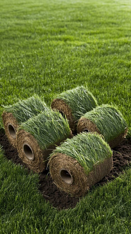 In a Backyard, a Worker Rolls Up Fresh Sod Rolls, Preparing for a New ...