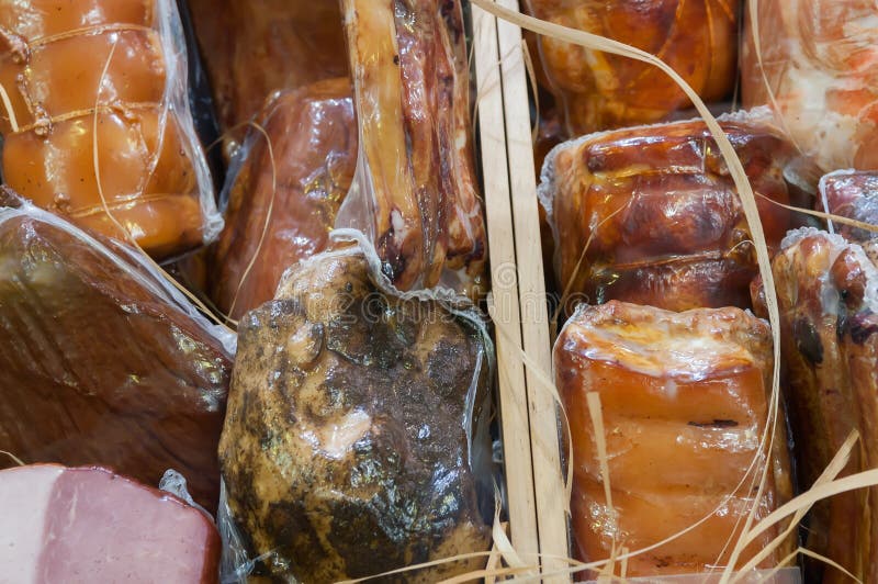 Bacon in Assortment on a Supermarket Window. Stock Image - Image of ...