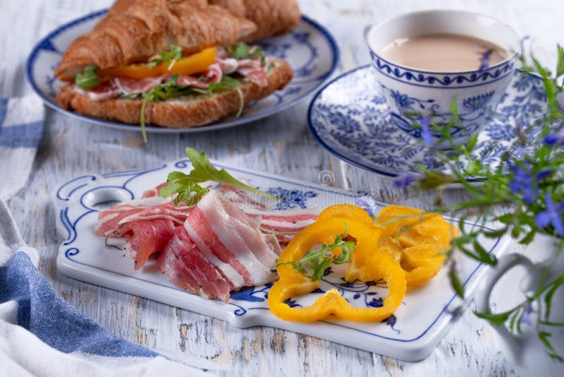 Bacon with Bell Pepper and Rocket Stock Photo - Image of croissant ...
