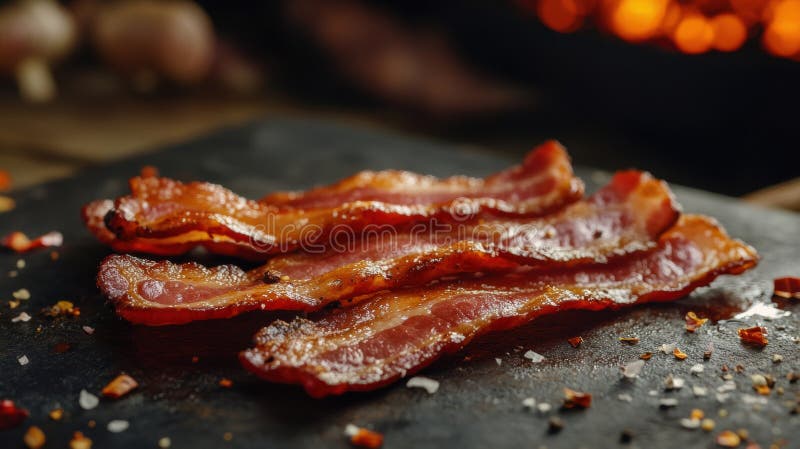 Bacon is on a Black Plate with Pepper Flakes Stock Illustration ...
