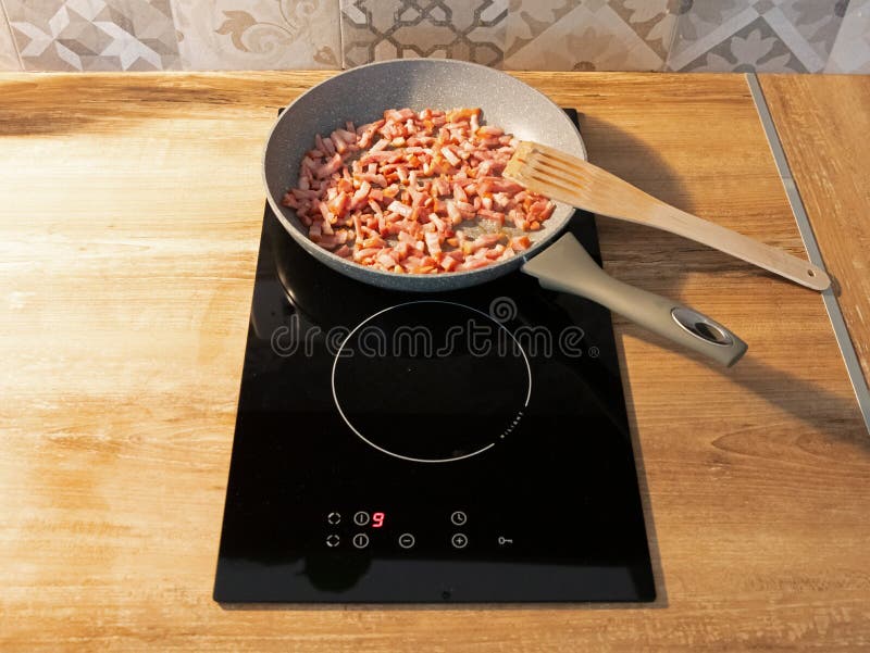 Bacon Blocks Cooking in Frying Pan Stock Photo - Image of greasy, fried ...