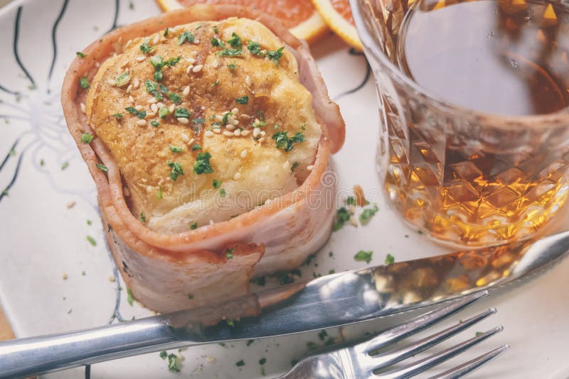 Bacon and bread stock image. Image of redy, wooden, filled - 81260909