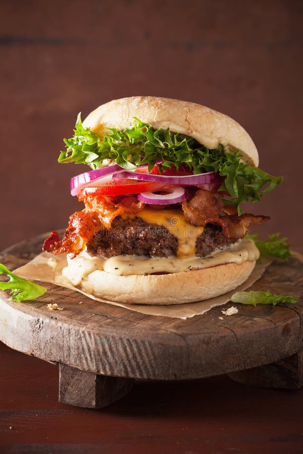 Bacon Cheese Burger with Beef Patty Tomato Onion Stock Photo - Image of ...
