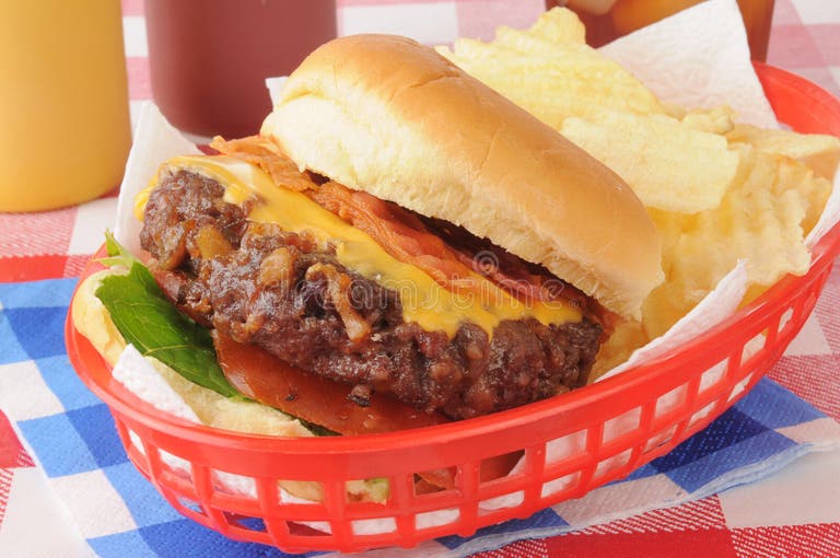 Bacon Cheeseburger in a Basket Stock Photo - Image of snack, soft: 25962362
