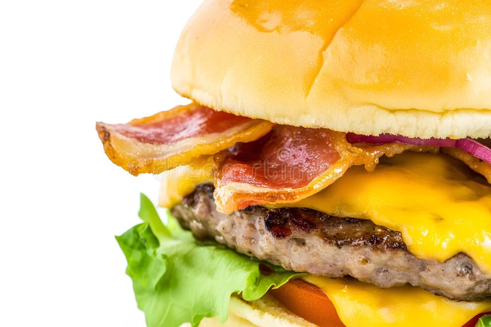 Bacon Cheeseburger Close-up, Left Side Open White Background, Designed ...