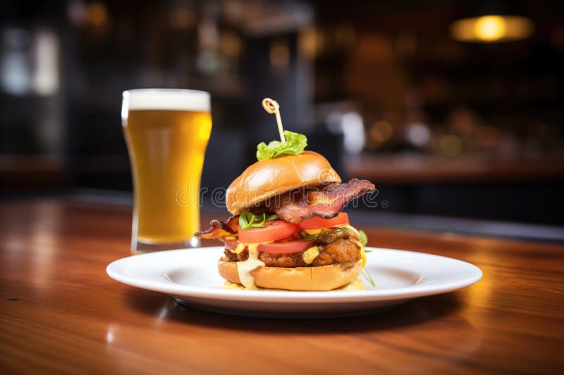 Bacon Cheeseburger on a Pretzel Bun with Beer Stock Photo - Image of ...