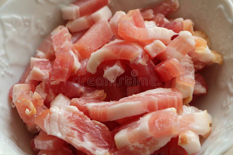 Bacon cubes in a ramekin stock image. Image of ingredient - 140560619
