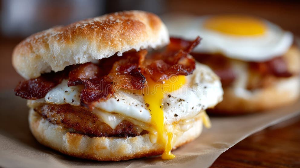 Bacon and Egg Breakfast Sandwich with Melted Cheese on a Bun. Stock ...