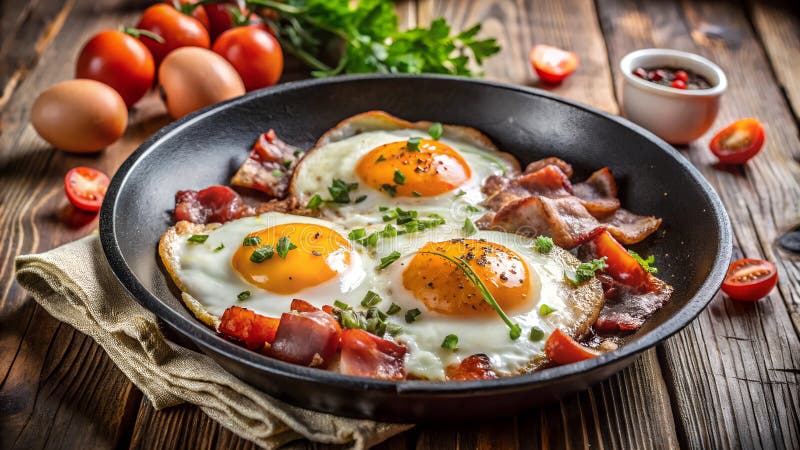 Bacon and Eggs Frying in a Pan. a Composition Featuring Delicious Fried ...