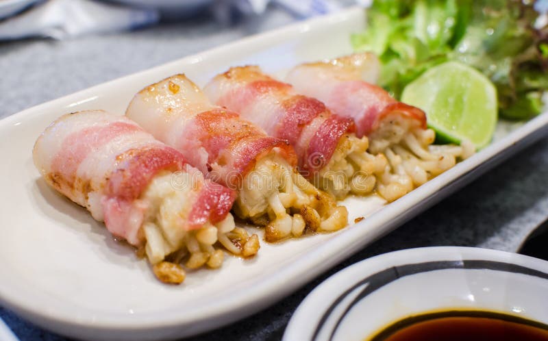 Bacon and Enoki Mushroom Roll Stock Image - Image of ingredient ...