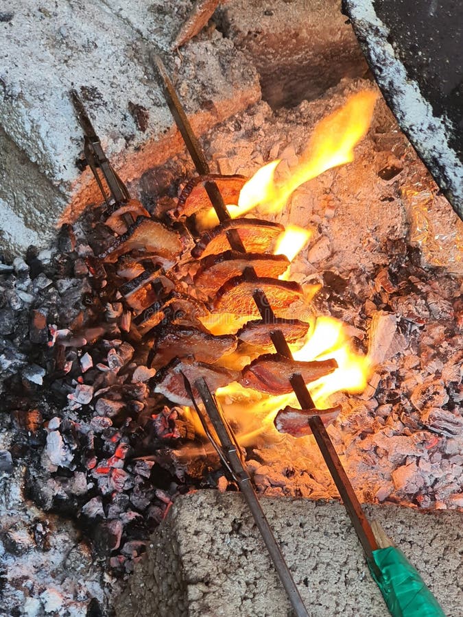 Bacon Fried on Open Fire Grill Stock Photo - Image of campfire, autumn ...