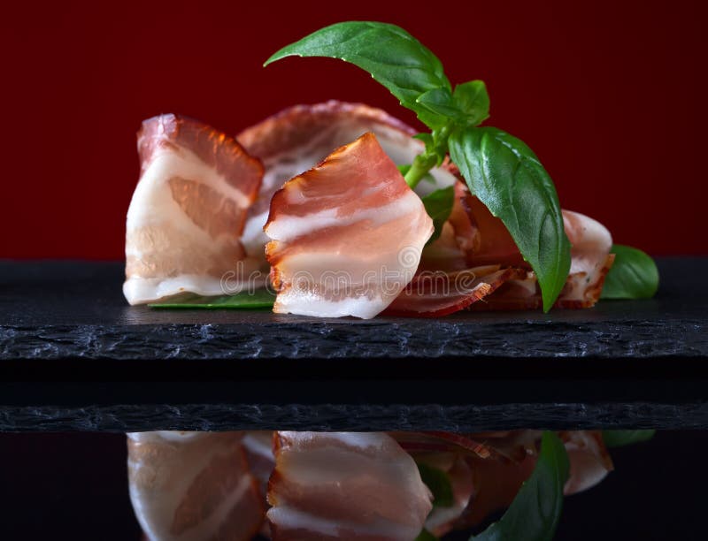 Bacon with green basil stock image. Image of food, basil - 71979905