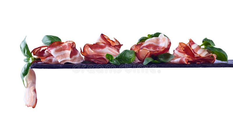 Bacon with green basil stock image. Image of cuisine - 74929773