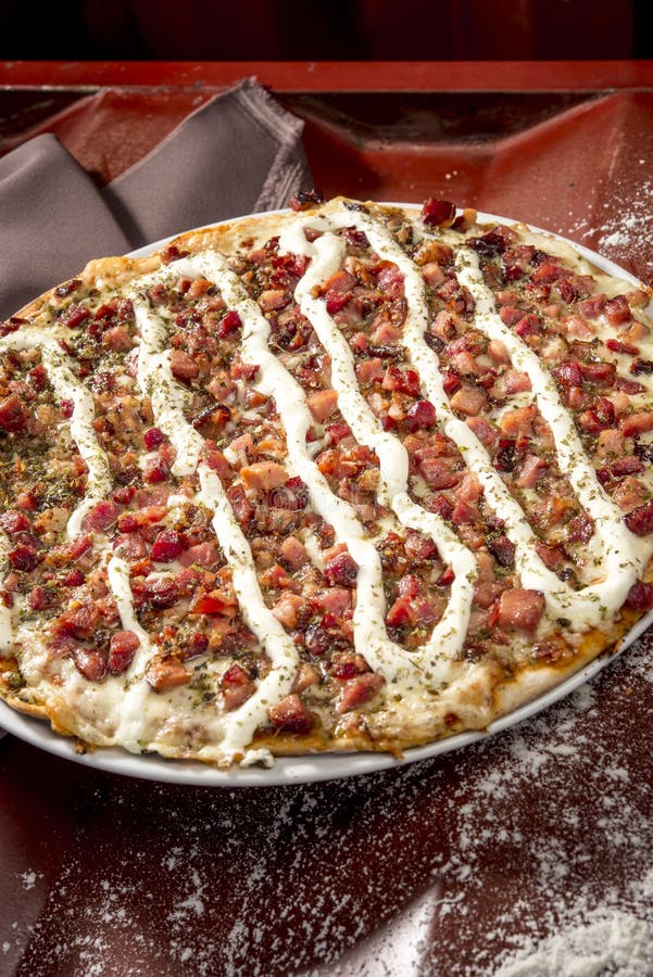 Bacon, Mushroom and Cream Cheese Pizza Over Rustic Setting Stock Photo ...