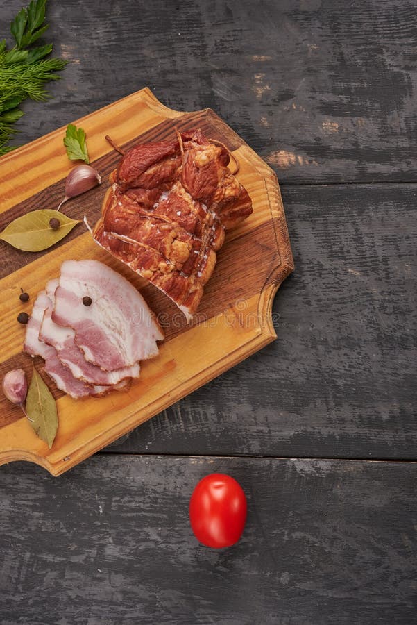 Bacon and Seasonings on a Wooden Table Stock Image - Image of meat ...