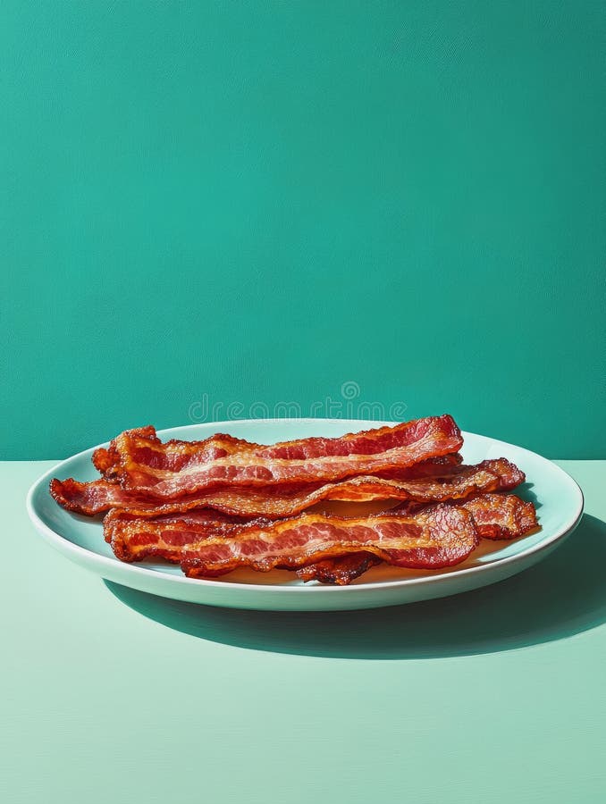 Bacon Strips on a Plate with a Teal Background. Stock Image - Image of ...