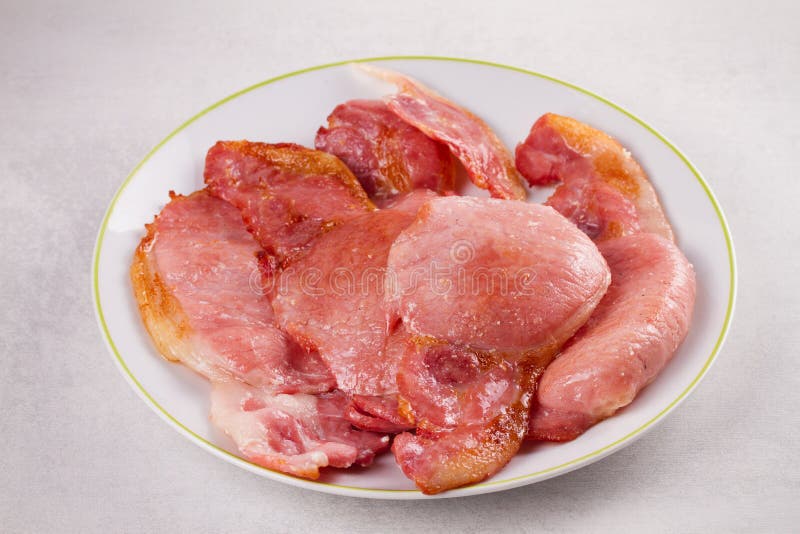 Bacon on White Plate. Grilled Rashers. Stock Image - Image of beef ...