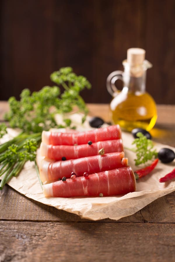 Bacon on wooden table stock image. Image of gammon, board - 68273339