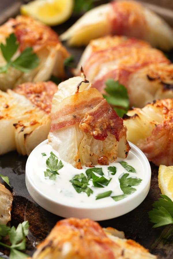 Bacon Wrapped Cabbage with Dipping Sauce. Healthy Food Stock Photo ...