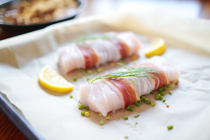 Bacon-wrapped Cod Fillets on Parchment Paper Ready To Bake Stock Image ...