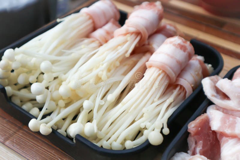 Bacon Wrapped Enoki or Bacon Wrapped Golden Needle Mushroom Stock Photo ...