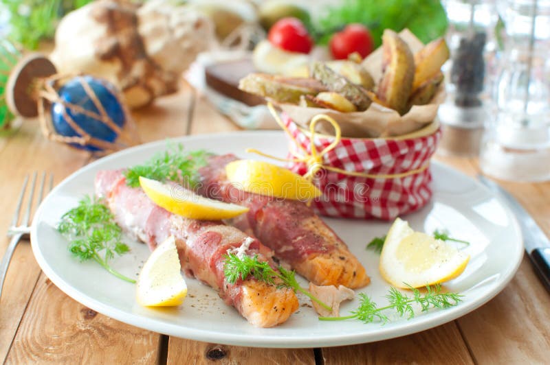 Bacon wrapped fish stock photo. Image of food, chips - 40234332