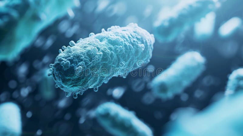 Bacteria Close Up Microscopic Blue Illustration. Selective Focus on One ...