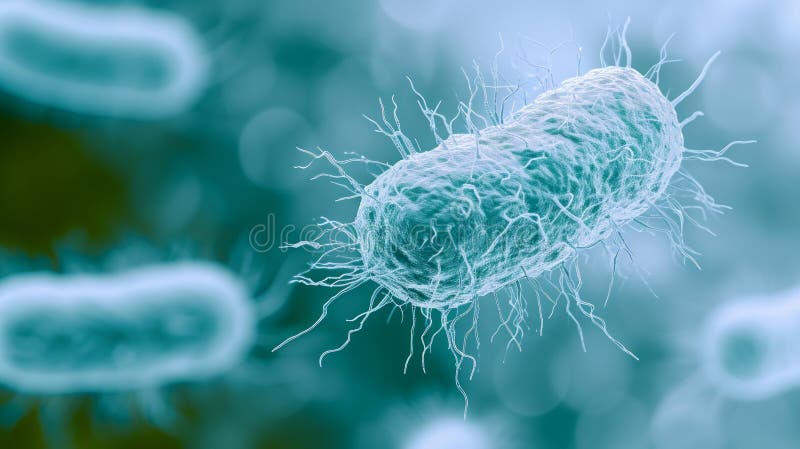 Bacteria Close Up Microscopic Blue Illustration. Selective Focus on One ...