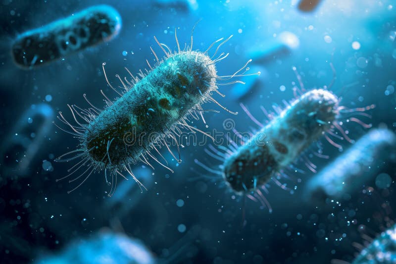 Bacteria Close Up Microscopic Blue Illustration. Selective Focus on One ...
