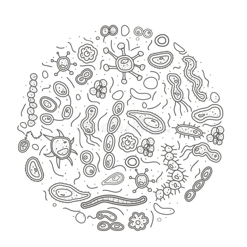 Bacteria Doodle Style Circle Composition Isolated on White Background ...