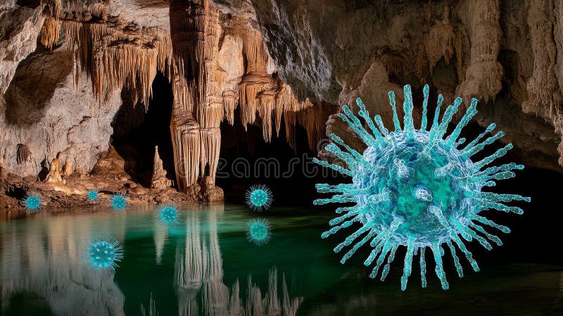 Bacteria Floating in Cave with Stalactites and Stalagmites, Creating ...