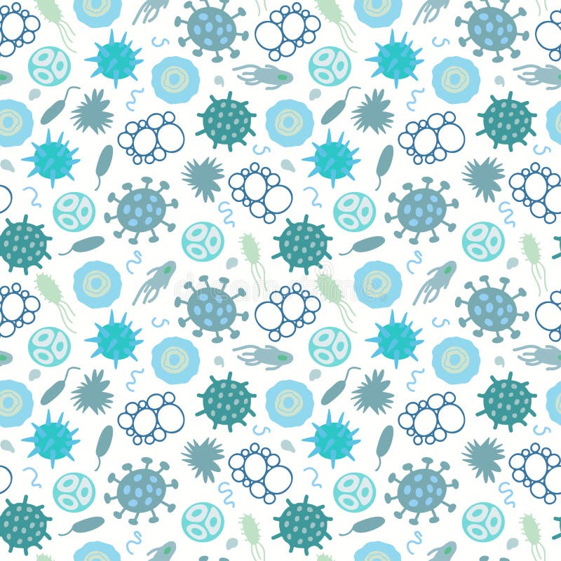 Bacteria and Germs Seamless Pattern. Hand Drawn Green and Blue ...