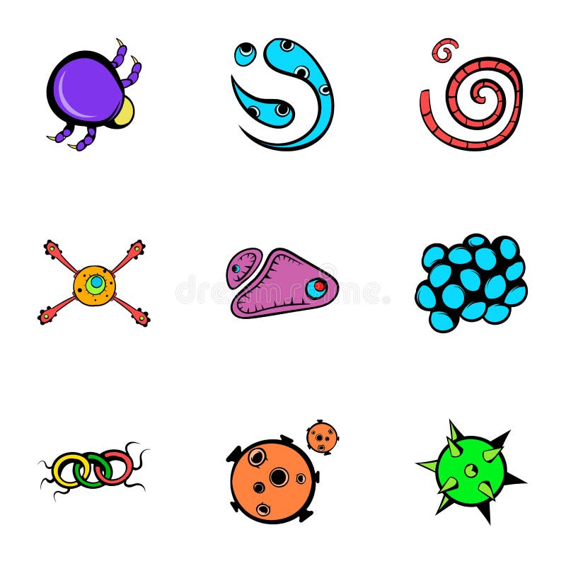 Bacteria Icons Set, Cartoon Style Stock Vector - Illustration of ...