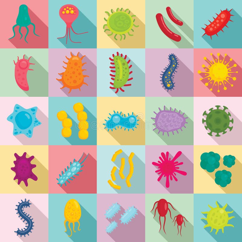 Bacteria Icons Set, Flat Style Stock Vector - Illustration of bacterium ...