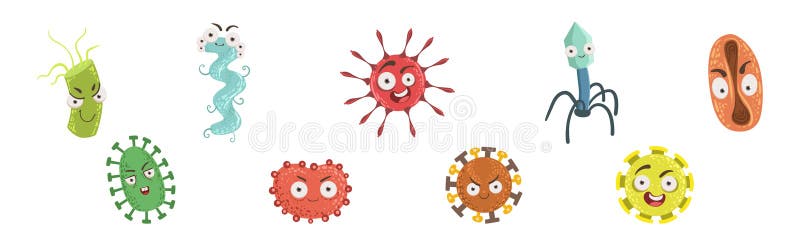 Bacteria and Microbe Cute Germs with Faces Vector Set Stock Vector ...