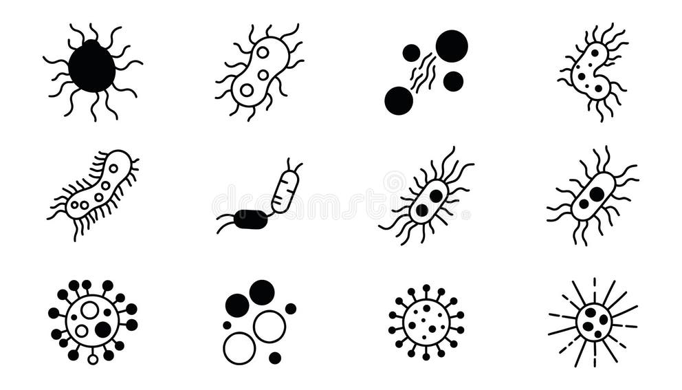 Bacteria, Microbe, Virus Outline Vector Icon Set. Microscopic Bacterium ...
