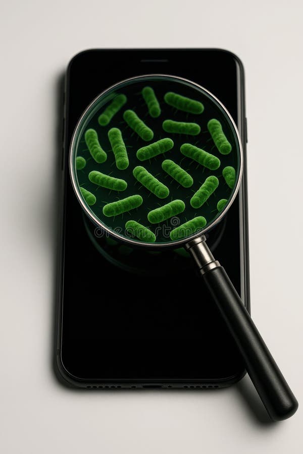 Bacteria on a Smartphone Surface Under Magnifying Glass, Concept of ...