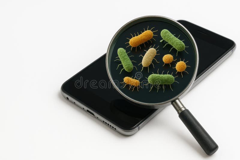 Bacteria on a Smartphone Surface Under Magnifying Glass, Concept of ...