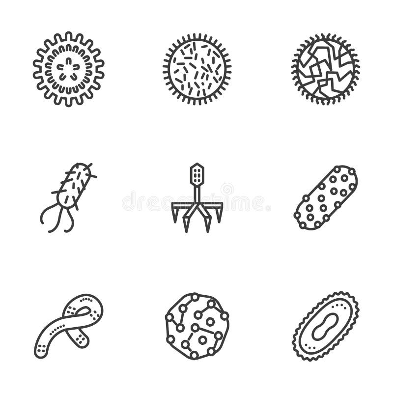 Bacteria and Virus Black Line Icons Set Stock Illustration ...