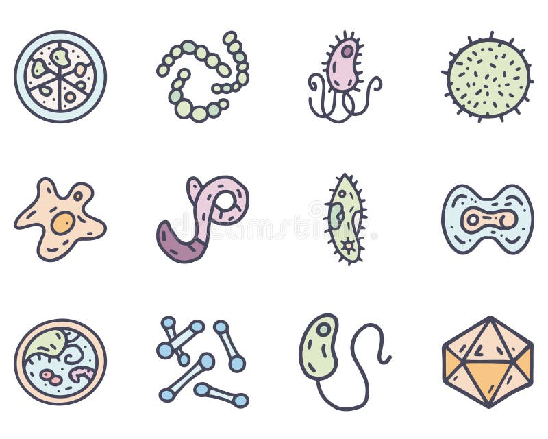Bacteria and Viruses Color Vector Doodle Simple Icon Set Stock Vector ...