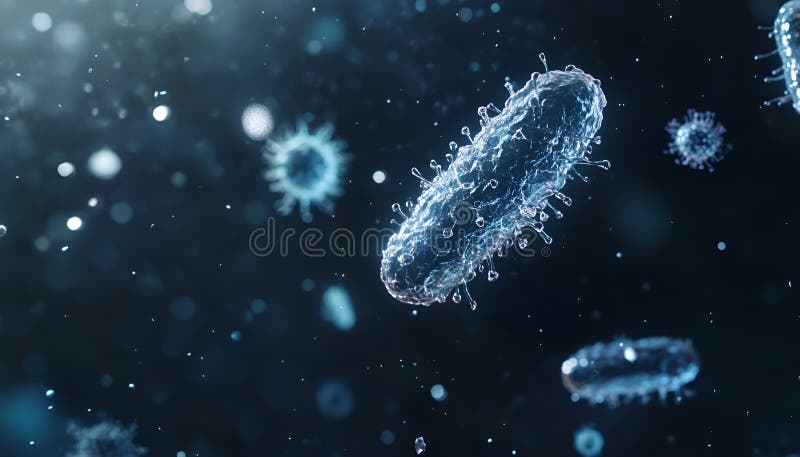 Bacterium Floating in Space with Other Microorganisms. Microscopic View ...
