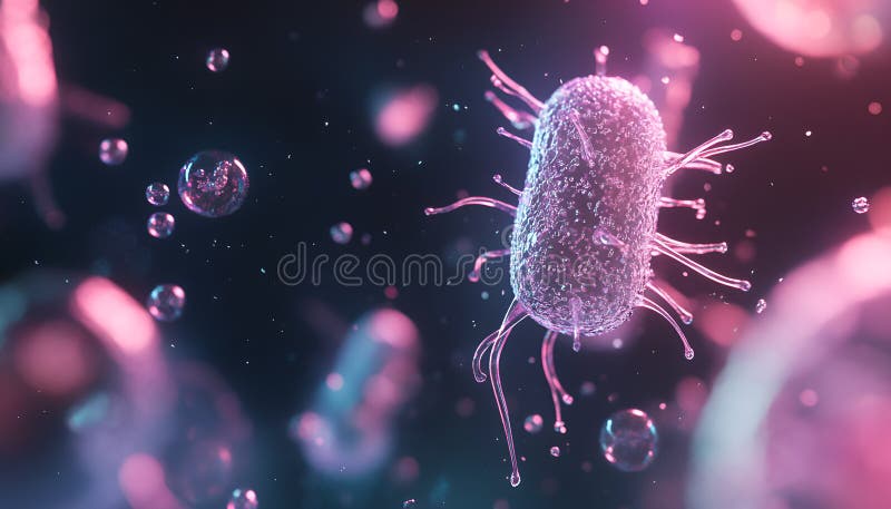 Bacterium Floating in Space with Other Microorganisms. Microscopic View ...